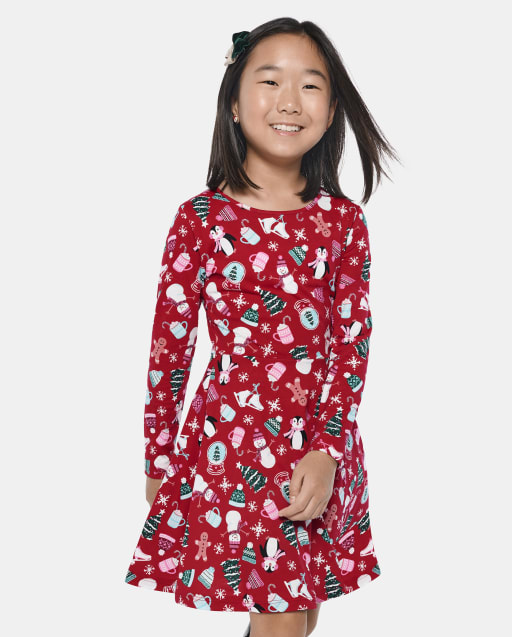 Girls Mix And Match Long Sleeve Christmas Print Knit Skater Dress | The ...