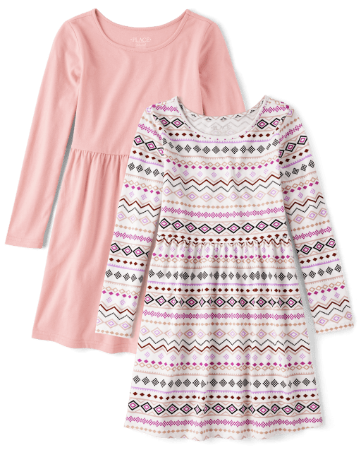 Girls Long Sleeve Print And Solid Knit Everyday Dress 2-Pack | The ...