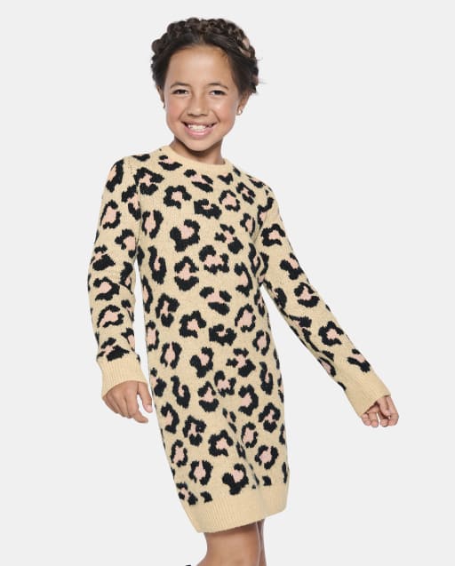 Girls Long Sleeve Leopard Print Knit Sweater Dress | The Children's ...