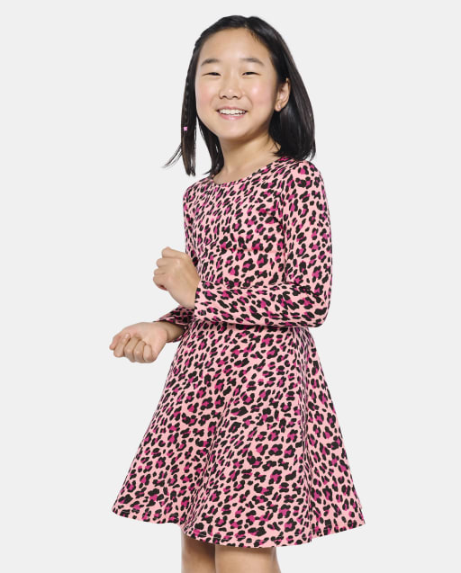 Girls Long Sleeve Leopard Print Knit Skater Dress | The Children's ...