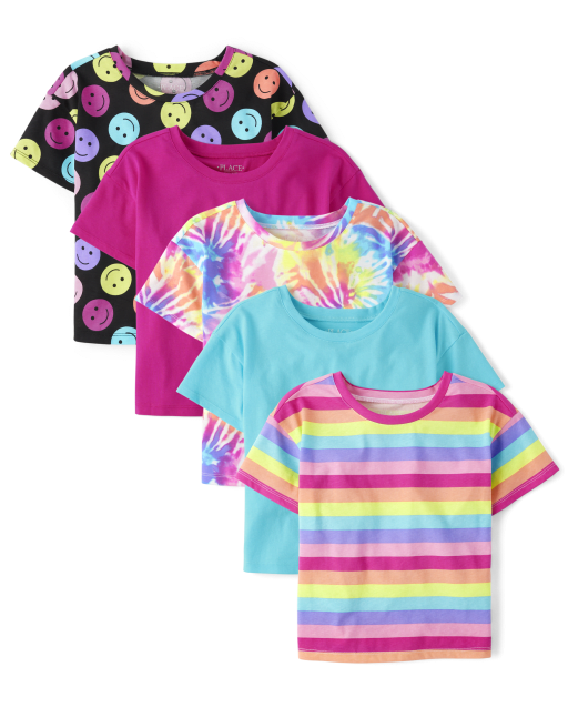 Girls Short Sleeve Happy Face Boxy Top 5-Pack - MULTI | The Children's ...