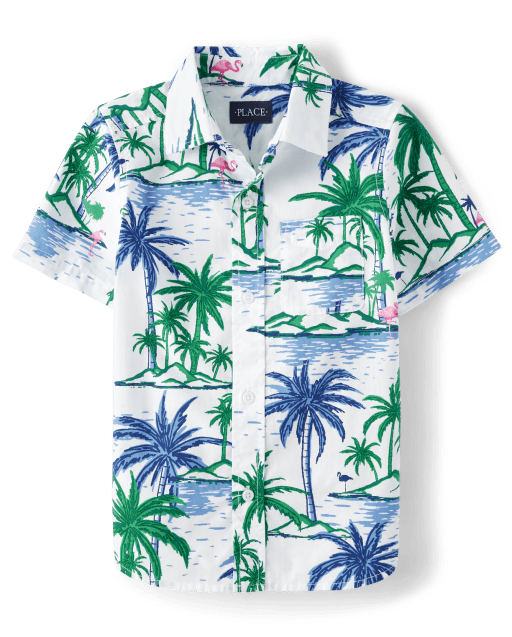 Boys Short Sleeve Palm Tree Print Poplin Button Up Shirt - WHITE | The ...