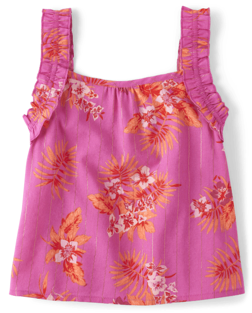 Girls Sleeveless Shimmer Tropical Print Ruffle Tank Top - NN PINKBEAM ...