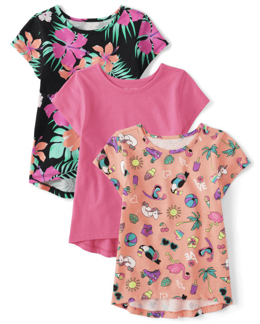 Girls Mix And Match Short Sleeve Tropical High Low Tee Shirt 3-Pack ...