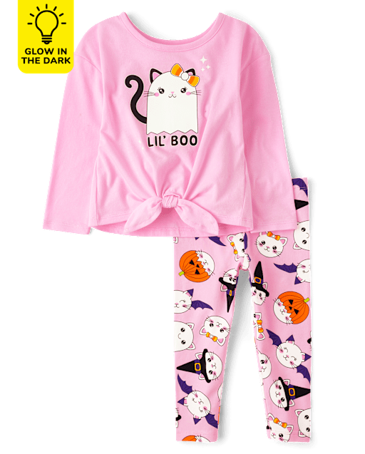 Toddler Girls Mix And Match Cat Ghost Tie Front Top And Leggings 2 ...