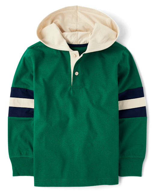Boys Long Sleeve Striped Henley Hooded Top - PARK BENCH GREEN | The ...