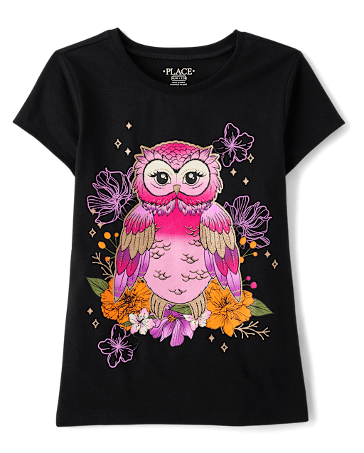 Girls Short Sleeve Owl Graphic Tee | The Children's Place CA - BLACK