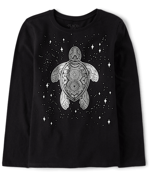 Girls Long Sleeve Foil Turtle Graphic Tee | The Children's Place - BLACK
