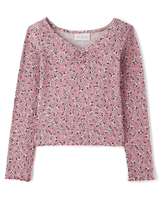 Girls Long Sleeve Floral Print Ribbed Ruched Top | The Children's Place ...