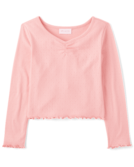Girls Long Sleeve Pointelle Ruched Top - FUZZY PINK CL | The Children's ...