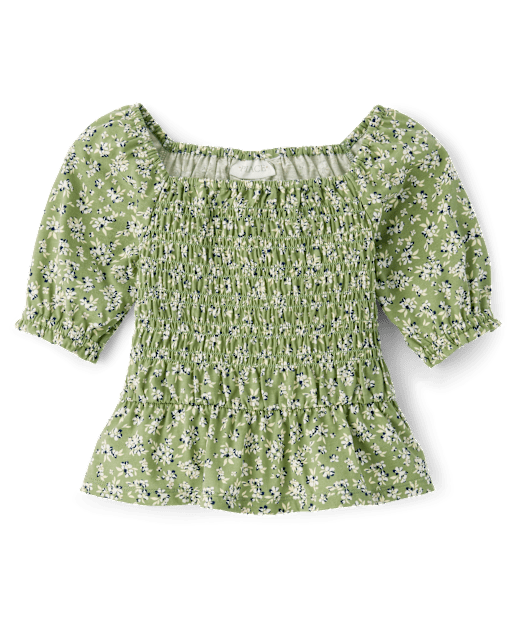 Girls Long Sleeve Floral Print Smocked Top - LT CACTUS | The Children's ...