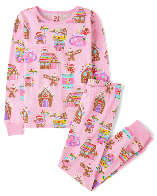 Girls Long Sleeve Gingerbread Print Snug Fit Cotton Pajamas - PINK ...