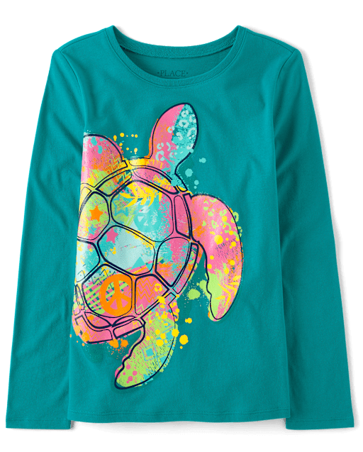 Girls Long Sleeve Rainbow Turtle Graphic Tee - JADE JEWEL | The ...