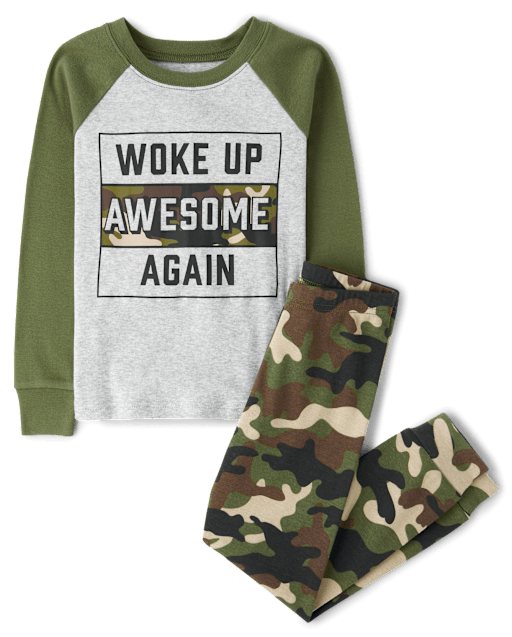 Boys Long Raglan Sleeve Woke Up Awesome Snug Fit Cotton Pajamas - GREEN ...