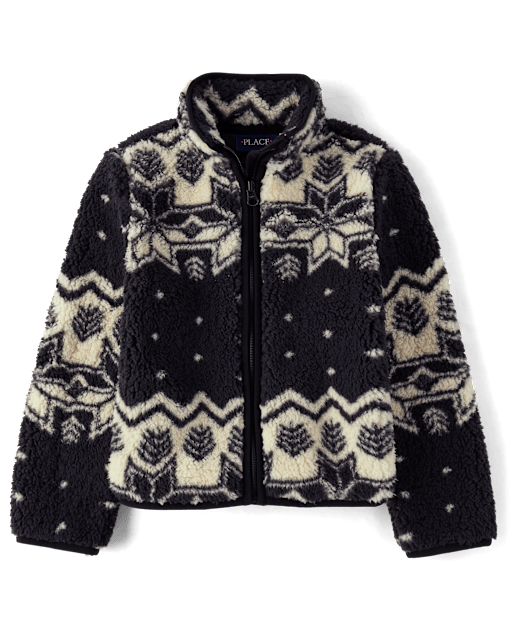 Girls Long Sleeve Print Sherpa Zip Up Jacket - BLACK | The Children's ...