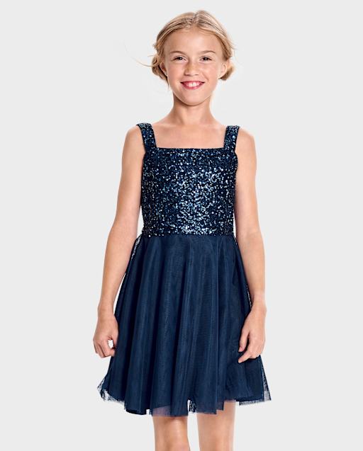 Girls Sleeveless Sequin Mesh Fit & Flare Dress - BLUE | The Children's ...
