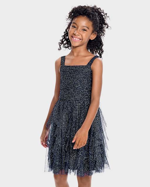Girls Sleeveless Glitter Mesh Ruffle Dress - TIDAL | The Children's Place