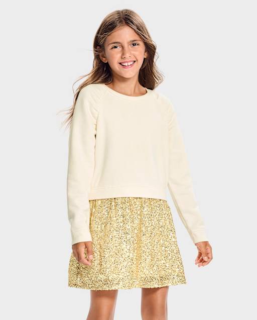 Girls Sequin Sweatshirt Dress - WHITE DAISY | The Children's Place