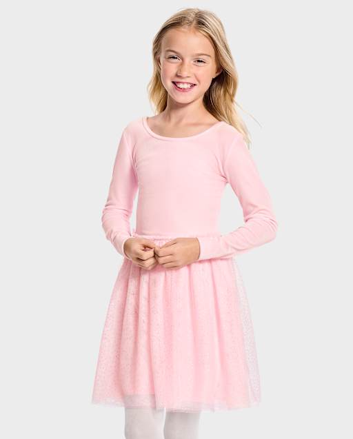 Girls Long Sleeve Cross Back Velour Tutu Dress - PINK | The Children's ...