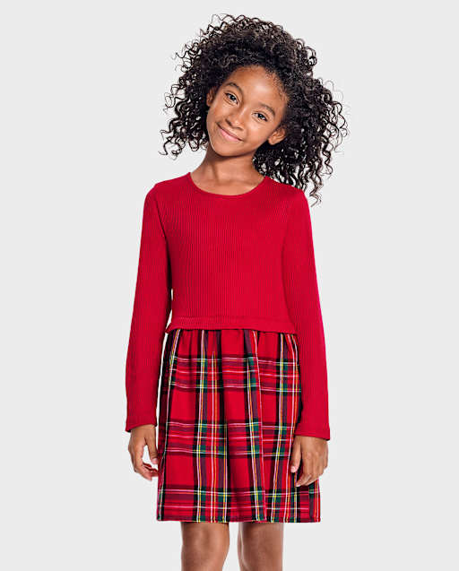 Girls Long Sleeve Plaid Ribbed Fit And Flare Dress - CLASSICRED | The ...