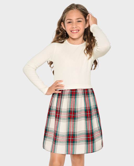 Girls Long Sleeve Plaid Ribbed Fit And Flare Dress - WHITE | The ...