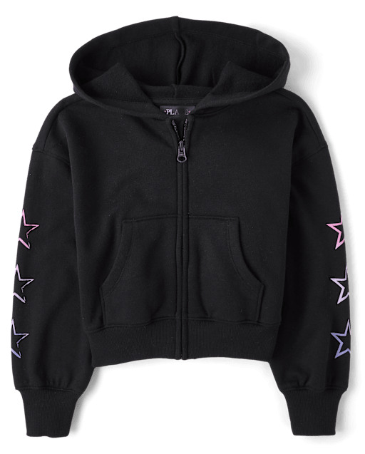 Girls Active Long Sleeve Graphic Fleece Zip Up Hoodie - BLACK | The ...