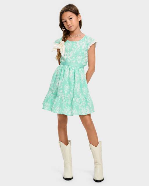 Girls Short Sleeve Print Ruffle Dress - AQUA | The Children's Place