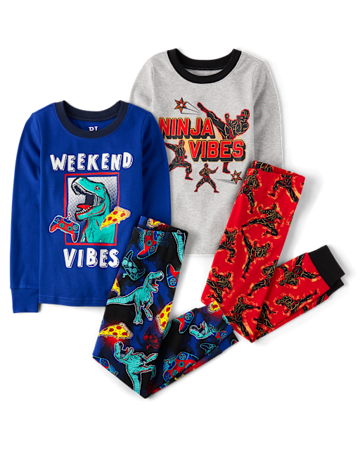 Boys Long Sleeve Dino And Ninja Snug Fit Cotton Pajamas 2-Pack - BLUE ...