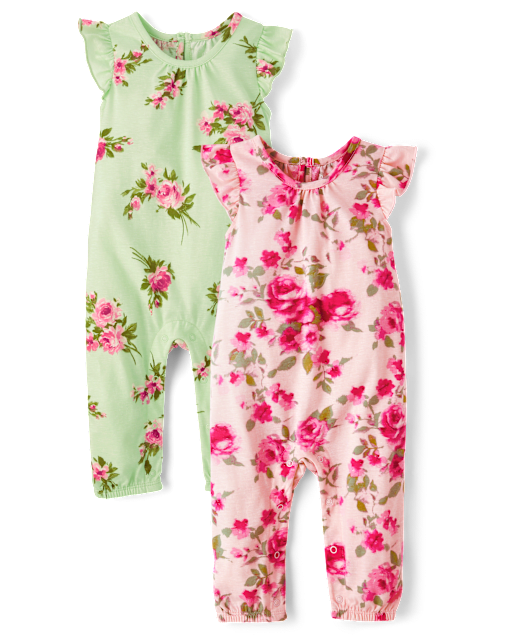 Baby Girls Short Flutter Sleeve Floral Print Jumpsuit 2-Pack - PINK ...
