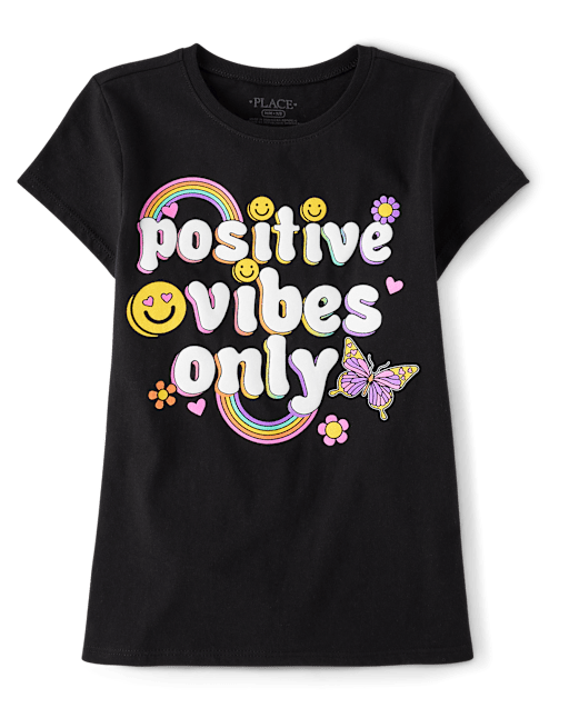 Girls Short Sleeve Positive Vibes Graphic Tee - BLACK | The Children's ...