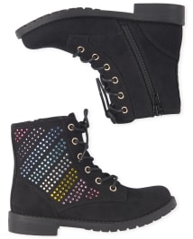 Girls Rainbow Jeweled Faux Suede Lace Up Boots - BLACK | The Children's ...