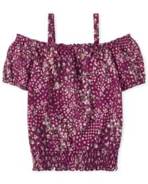 Girls Short Sleeve Print Cold Shoulder Top | The Children's Place ...