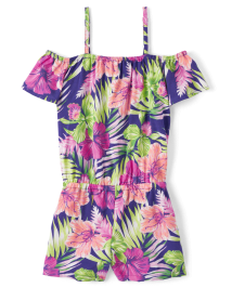 Girls Short Sleeve Tropical Print Woven Off Shoulder Romper | The ...