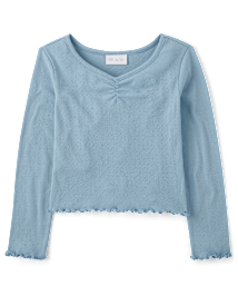 Girls Long Sleeve Pointelle Ruched Top - BLUE AURA | The Children's ...