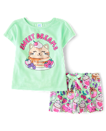 Girls Short Sleeve Cat Breakfast Pajamas - GREEN | The Children's Place CA