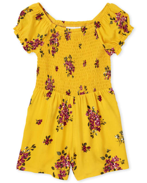 Girls Short Sleeve Floral Print Woven Smocked Romper