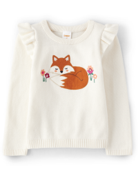Girls Long Sleeve Embroidered Fox Sweater - Friendly Fox - WHITE ...