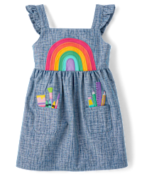 Girls Sleeveless Embroidered Rainbow Chambray Jumper - Classroom Cutie ...