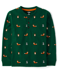 Boys Long Sleeve Fox Print Henley Top - Autumn Adventures - GREEN ...
