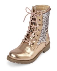 Girls Flip Sequin Faux Leather Lace Up Boots