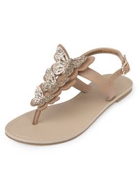 Girls Glitter Butterfly Faux Leather T-Strap Sandals