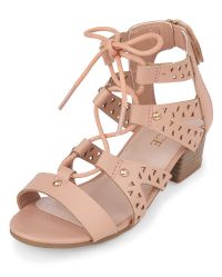 Girls Laser Cut Lace Up Faux Leather Mini Heel Sandals | The Children's ...