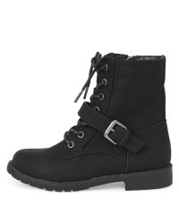Girls Ankle Strap Faux Leather Lace Up Boots