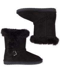 Girls Braided Buckle Faux Fur Lined Faux Suede Boots - BLACK | The ...
