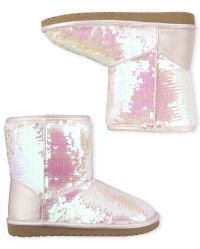 Girls Flip Sequin Faux Fur Lined Faux Leather Boots | The Children's Place