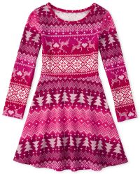 Girls Long Sleeve Christmas Fair Isle Print Knit Matching Skater Dress