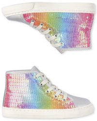 Girls Holographic Rainbow Sequin Faux Leather Hi Top Sneakers | The ...