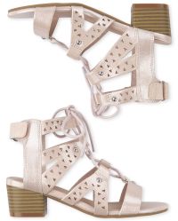 Girls Easter Metallic Laser Cut Studded Lace Up Faux Leather Low Heel ...