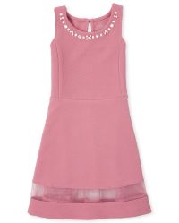 Girls Sleeveless Jeweled Neck Knit Stretch Jacquard Dress
