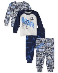 Baby And Toddler Boys Long Sleeve Dino Snug Fit Cotton 4-Piece Pajamas ...